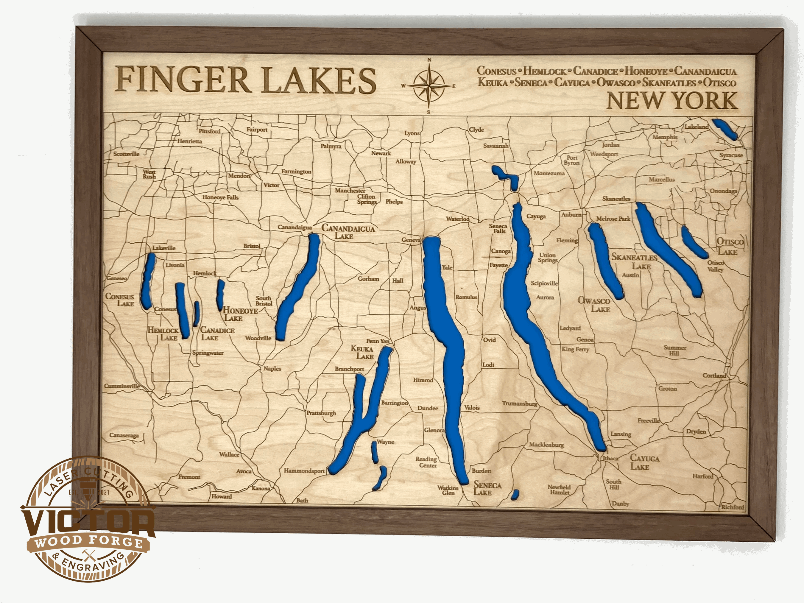 Finger Lakes Map | Laser Engraved Wood Wall Art NY Gift